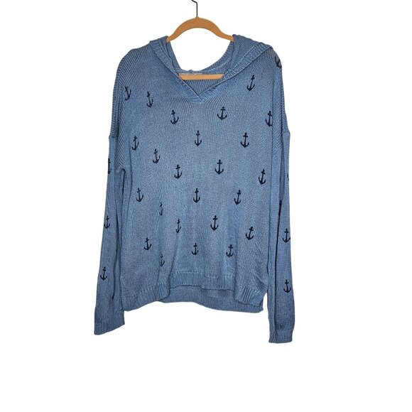 Marled | Sweaters | Marled Blue Loose Knit Hoodie Sweater With Navy ...